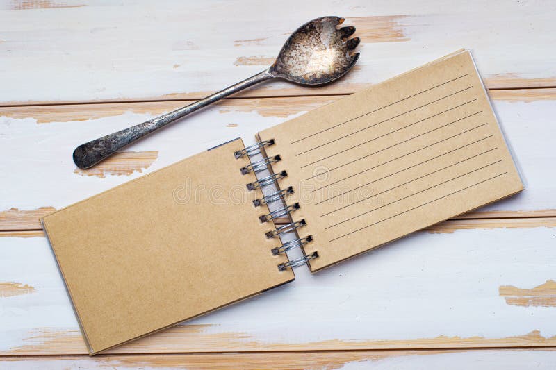 Blank Recipe Book and Vintage Spoon, Top View. Blank Notepad for Recipe ...
