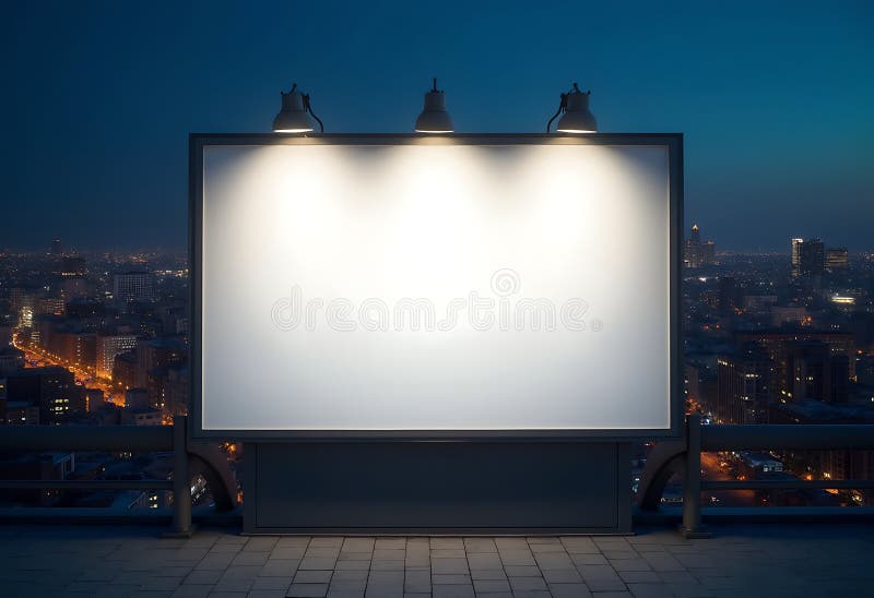 Blank Rectangular Billboard Mockup with Spotlight Above City Buildings ...