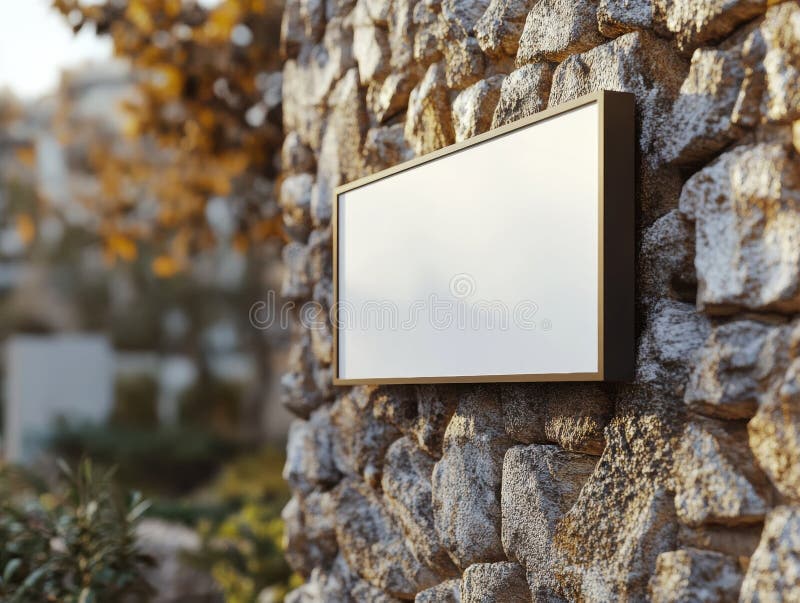 Blank Rectangular Sign on a Stone Wall Exterior Advertisement Space for ...