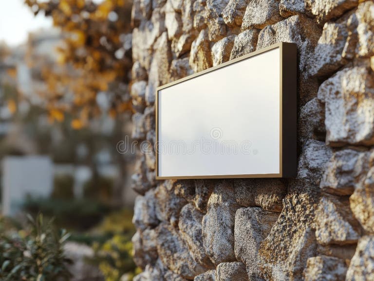 Blank Rectangular Sign on a Stone Wall Exterior Advertisement Space for ...