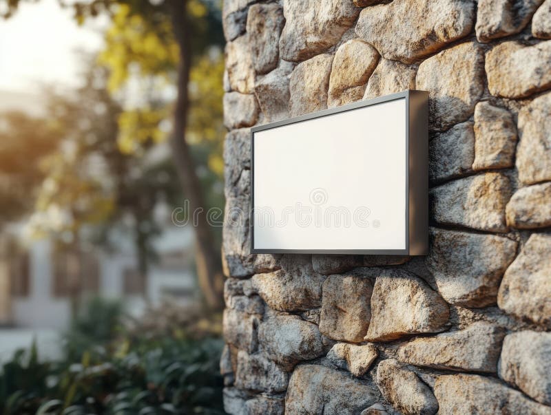 Blank Rectangular Signage Mounted on Rough Stone Wall Surface Outdoors ...