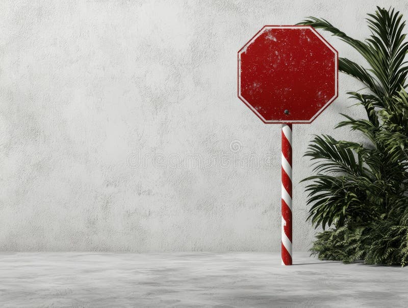 Blank Red Stop Sign with Candy Cane Post in Front of a White Wall Stock ...