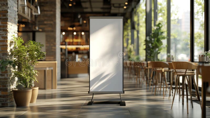Blank Roll-up Banner Display in Modern Restaurant Setting Stock ...