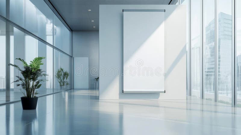 Blank Roll-Up Banner in Modern Office Corridor with City View Stock ...