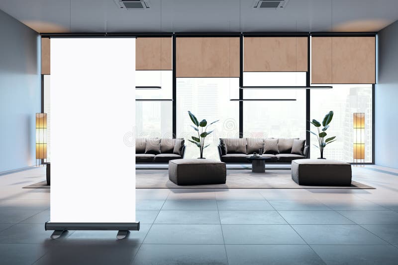 Blank Roll-up Banner in a Modern Office Interior with a Seating Area ...
