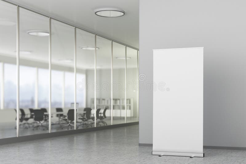 Blank Roll Up Banner Stand in Modern Office Interior Stock Illustration ...