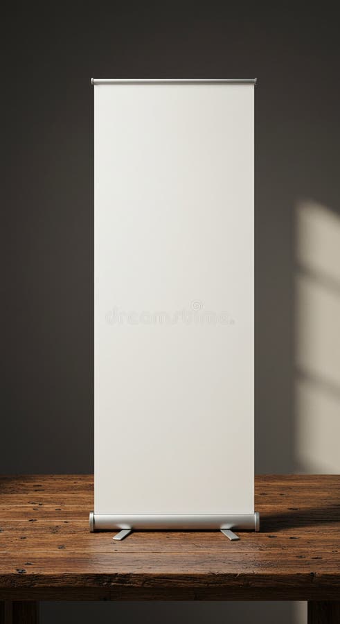 A Blank Roll-up Banner Stand Sits on a Wooden Table. the Banner is Tall ...