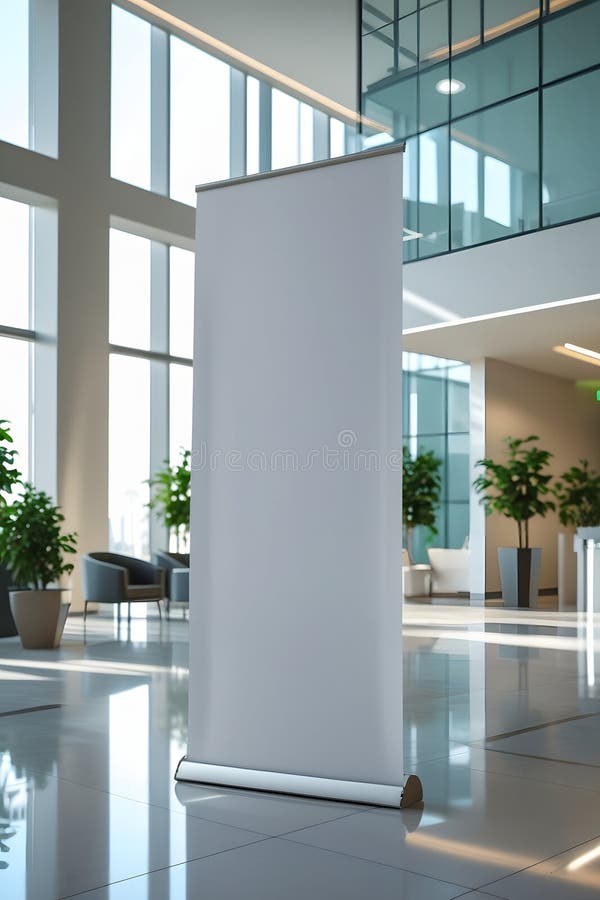 Blank Roll-Up Banner in Modern Office Lobby Stock Illustration ...