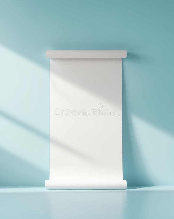 Blank Rolled Paper Banner Mockup on a Blue Background. Stock Image ...
