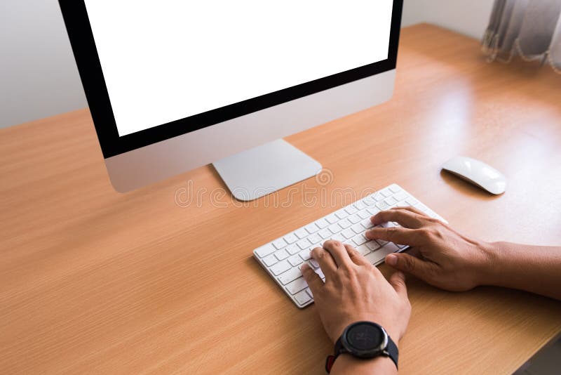 Blank Screen of All-in-one Computer with Hands Stock Image - Image of ...