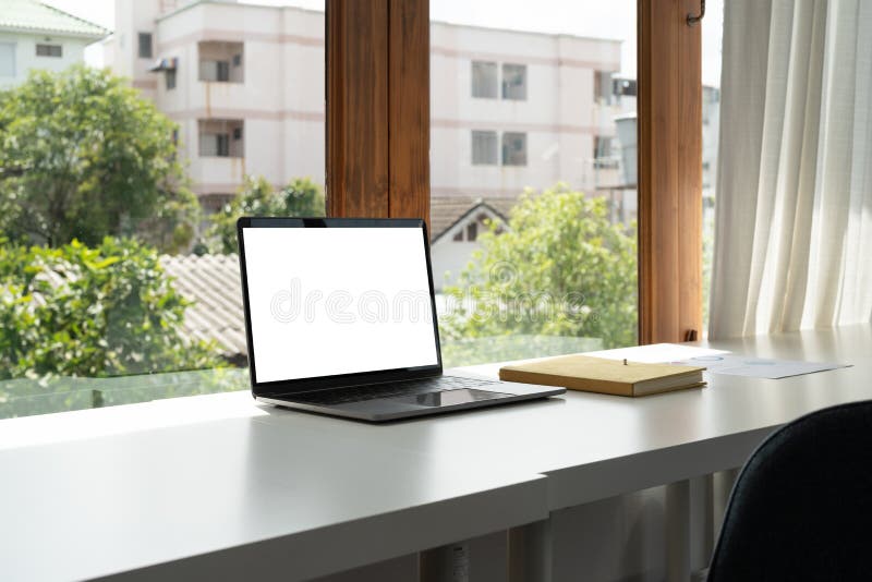 Blank Screen Computer Laptop on Working Desk. Stock Photo - Image of ...