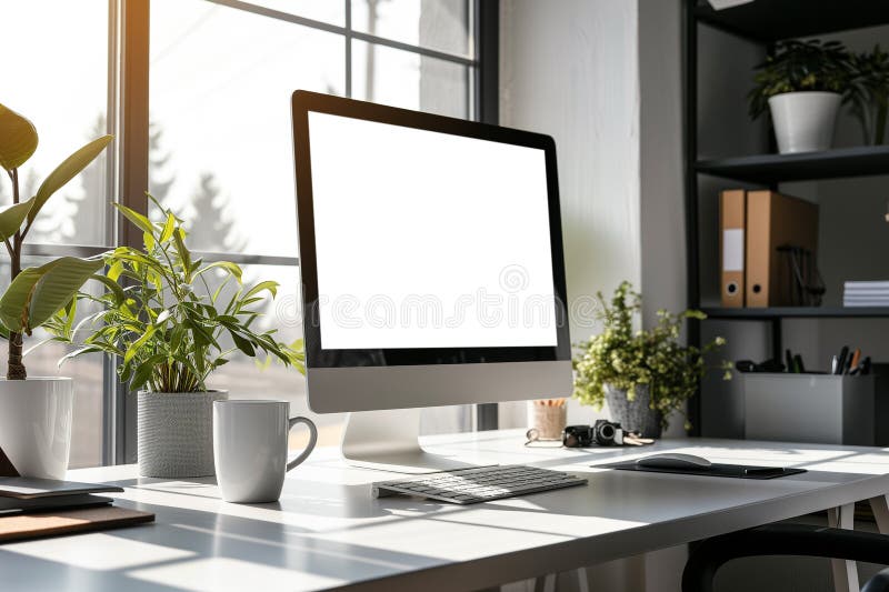 Blank Screen Computer on Modern Office Desk, Blank Screen for Product ...