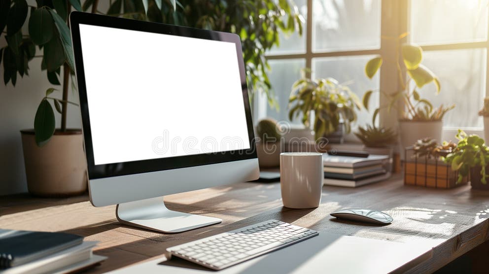 Blank Screen Computer on Modern Office Desk, Blank Screen for Product ...