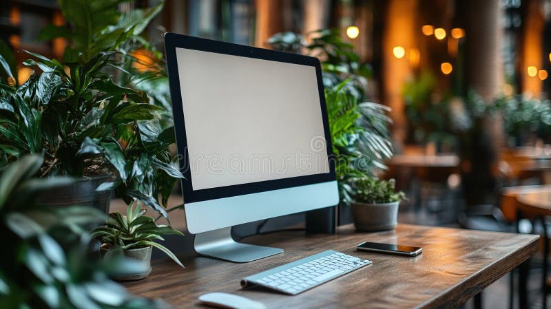 Blank Screen Desktop, Cafe Plants, Workspace Mockup Stock Illustration ...