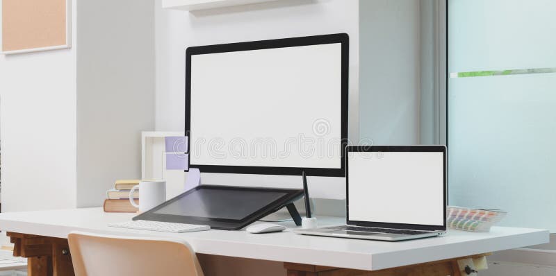 Blank Screen Desktop Computer and Laptop Computer with Office Supplies ...