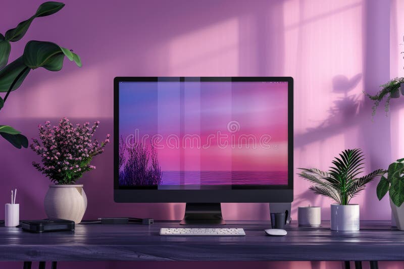 White Screen Desktop Computer in Minimal Office Room with Decorations ...