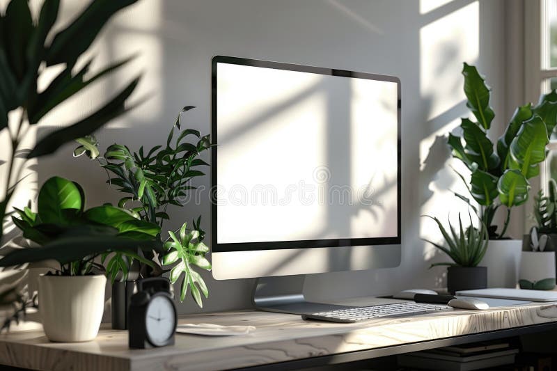 White Screen Desktop Computer in Minimal Office Room with Decorations ...