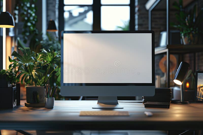 White Screen Desktop Computer in Minimal Office Room with Decorations ...