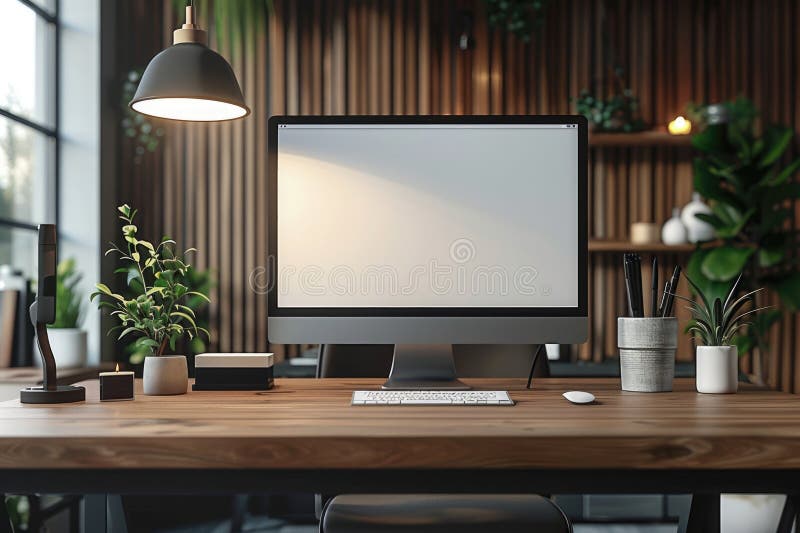 White Screen Desktop Computer in Minimal Office Room with Decorations ...
