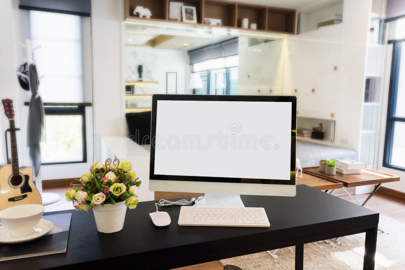 Blank Screen Desktop Computer on Working Table in Modern Room Stock ...
