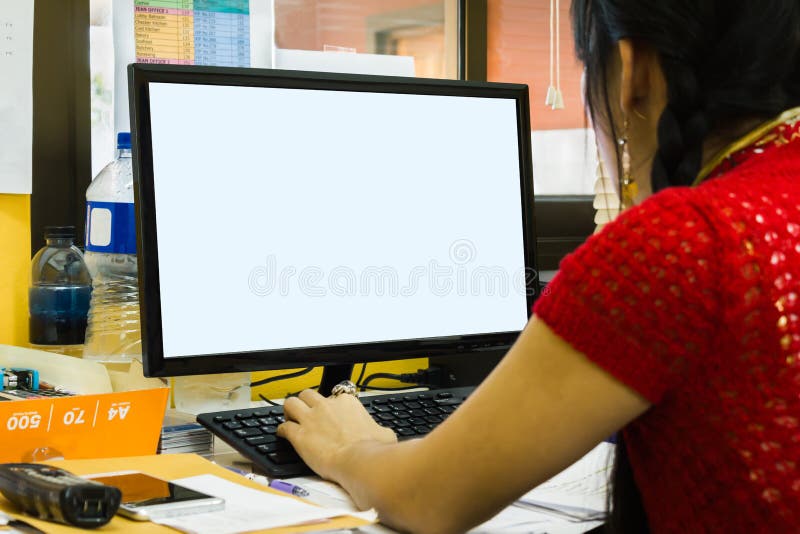 Blank Screen or Empty Computer Monitor with Women in Office Stock Photo ...