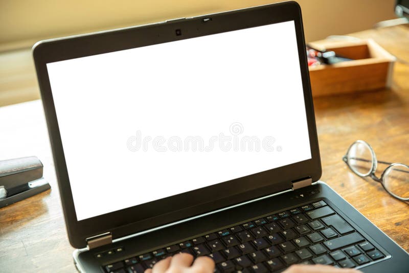 Blank Screen Laptop Computer, Home Office Work. Man Type, Open Notebook ...