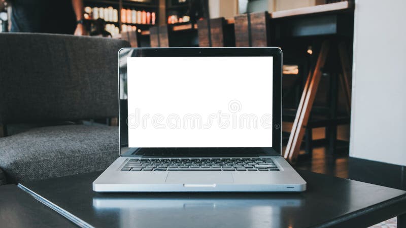 Blank Screen Laptop Computer Set Up for Work on White Wooden Desk ...