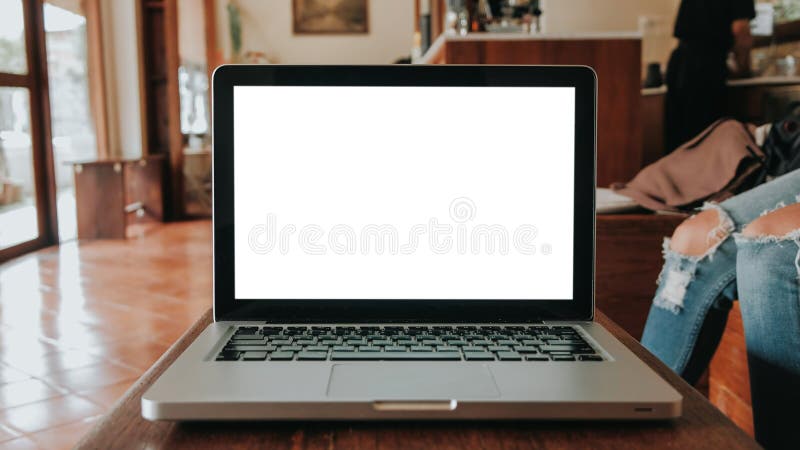 Blank Screen Laptop Computer Set Up for Work on White Wooden Desk ...