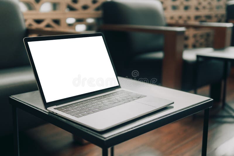 Blank Screen Laptop Computer and Working with Mobile Device Screen ...