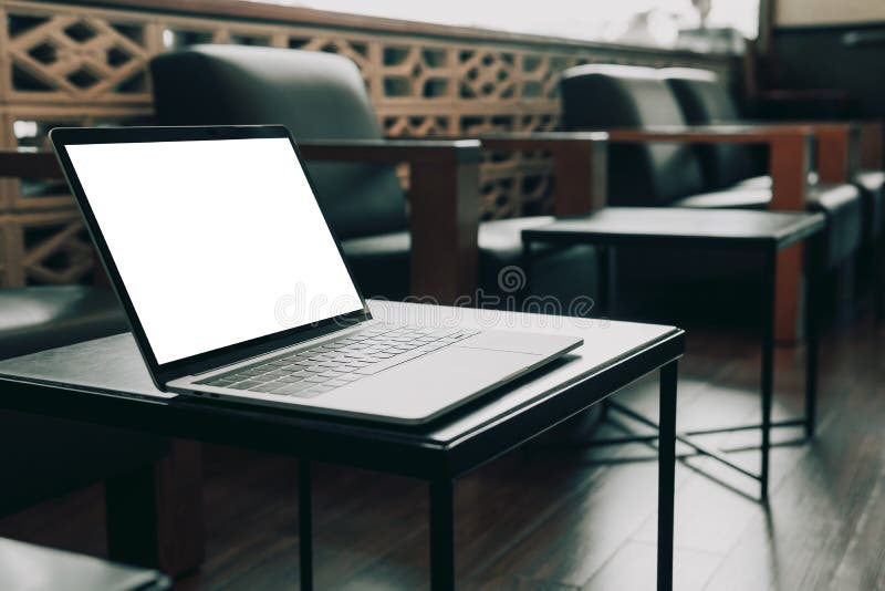 Blank Screen Laptop Computer and Working with Mobile Device Screen ...