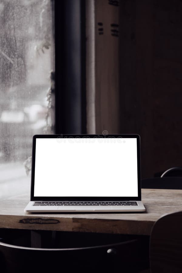 Blank Screen Laptop Computer and Working with Mobile Device Screen ...