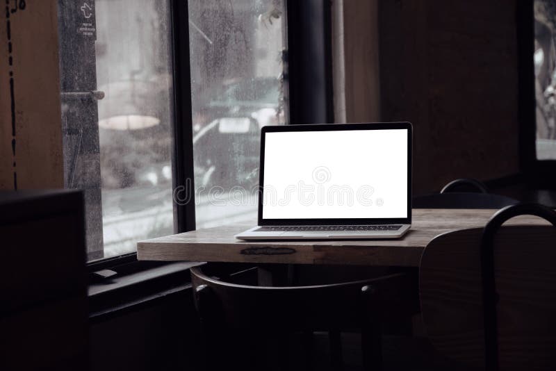 Blank Screen Laptop Computer and Working with Mobile Device Screen ...