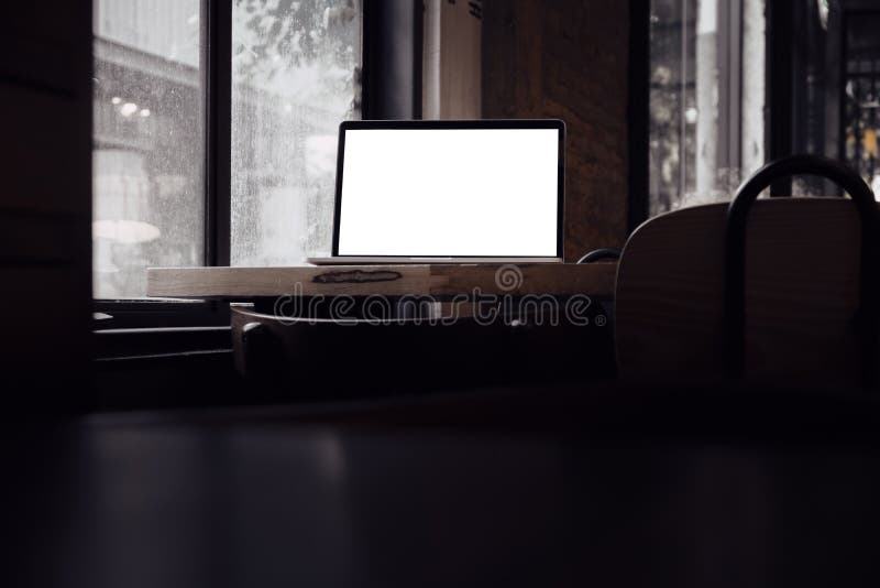 Blank Screen Laptop Computer and Working with Mobile Device Screen ...