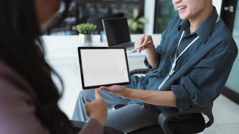 Blank Screen of Man Hand Working on Tablet Work while Sitting at the ...