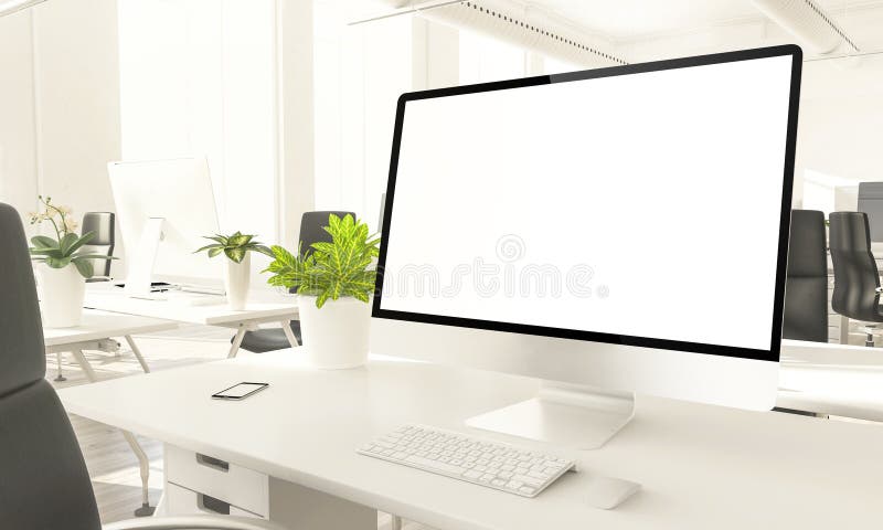 Blank Screen Mockup Computer in Loft Office Stock Illustration ...