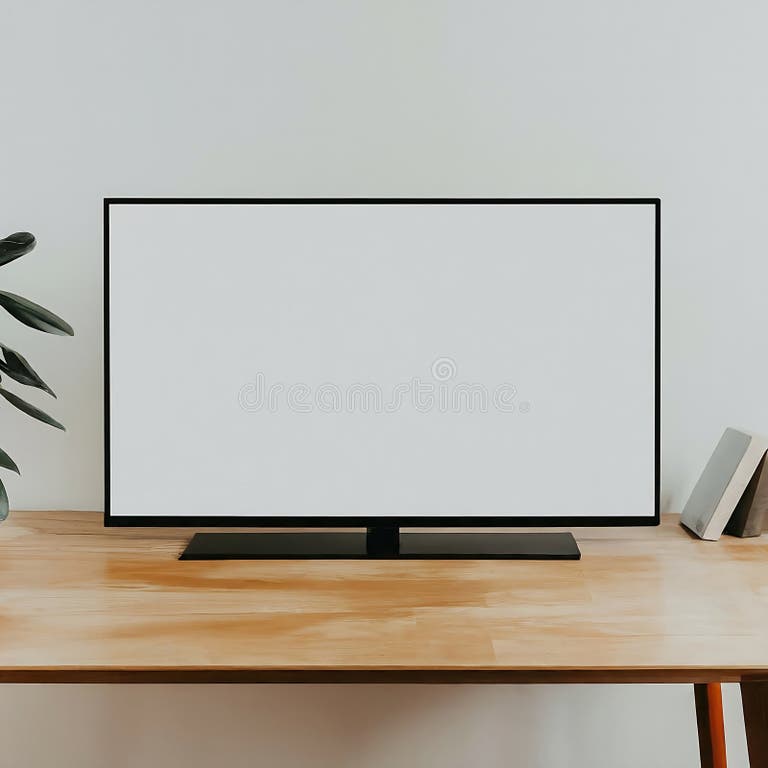 Blank Screen Mockup Computer on Wooden Table on White Wall, Empty ...