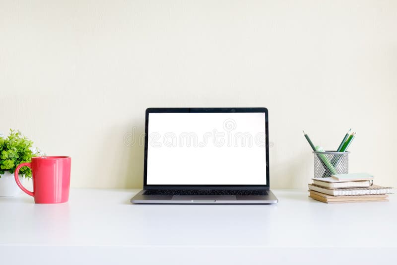 Blank Screen Mockup Laptop Computer on Workspace. Stock Photo - Image ...