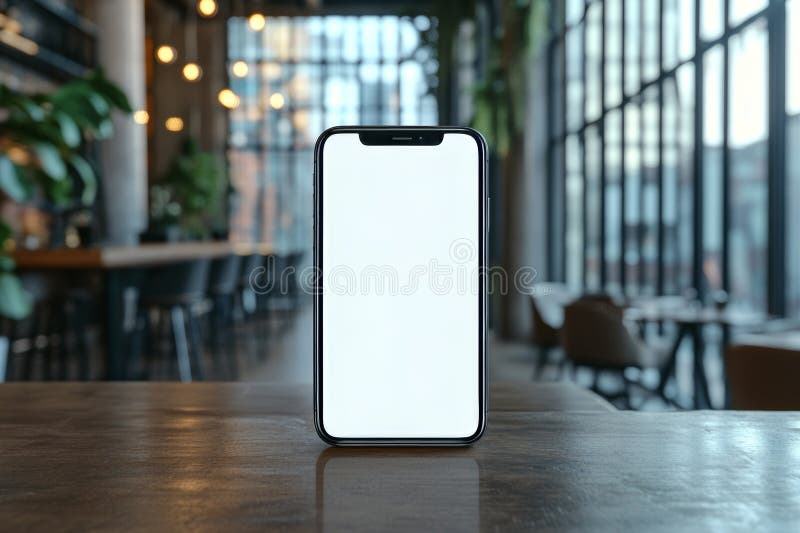 A Blank Screen Smartphone Set Up on a Table in a Restaurant for a Mock ...