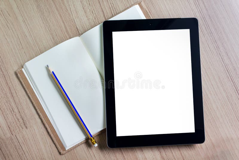 Blank Screen Tablet on Blank Page Diary with Pencil on Wooden Fl Stock ...