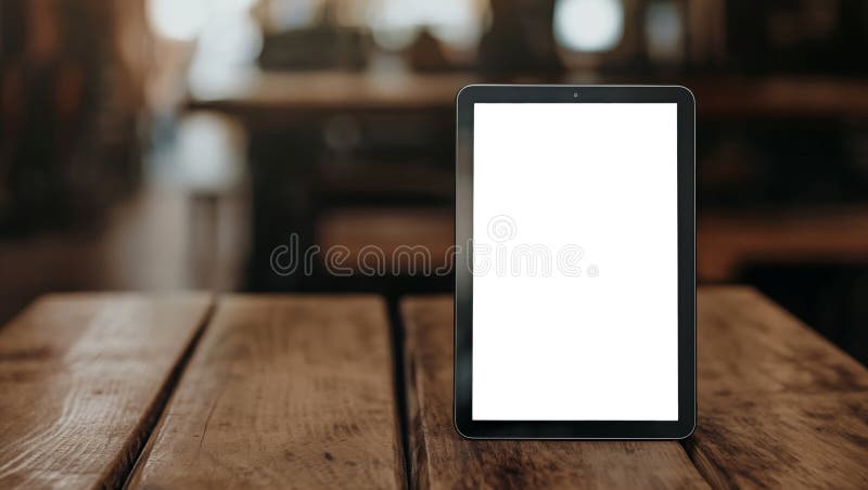 Tablet with Blank Screen on Rustic Table Stock Photo - Image of device ...