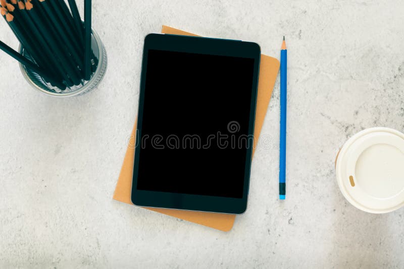 Blank Screen Tablet with Textbook ,notebook and Pencil with Copy Space. Education Concept of ...