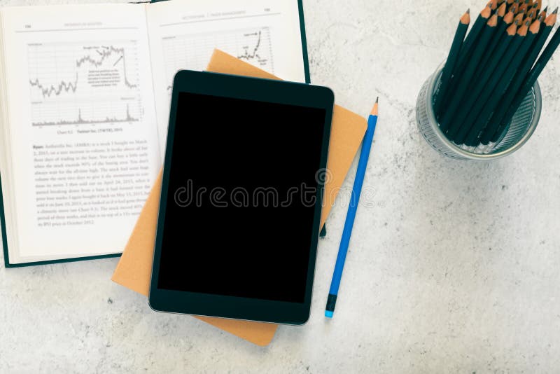 Blank Screen Tablet with Textbook ,notebook and Pencil with Copy Space. Education Concept of ...