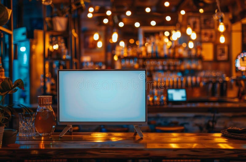 Blank Screen Television on Bar Counter in Evening Setting Stock Image ...