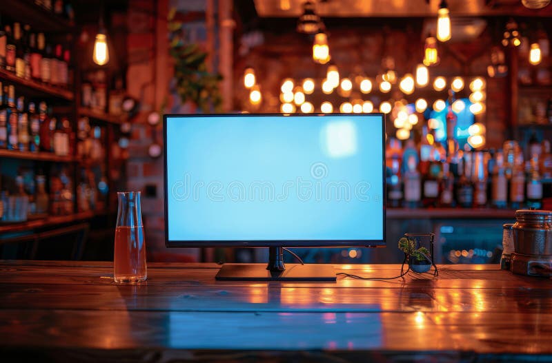 Blank Screen Television on Bar Counter in Evening Setting Stock Photo ...