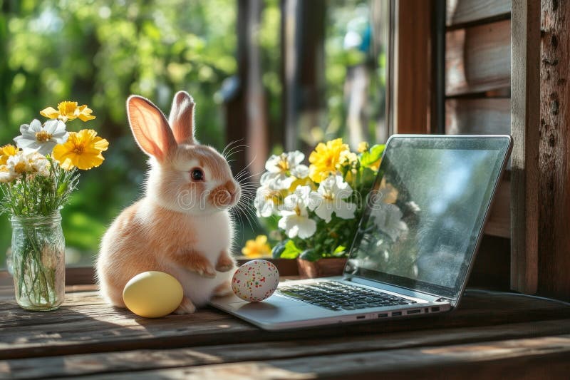 A Blank-screened Laptop on a Table is Joined by a Cute Bunny. the ...
