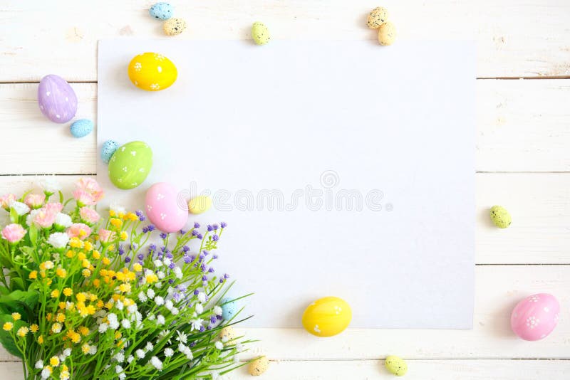 Blank Sheet with Easter Decorations on the White Wooden Background ...