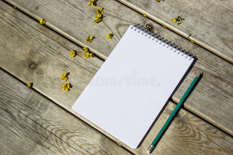 Blank Sheet of Notepad, Pencil, on a Wooden Old Table, Yellow Flowers ...