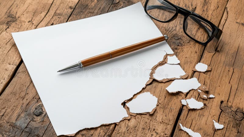 A Blank Sheet of Paper with a Pen and Torn Edges on a Wooden Surface ...