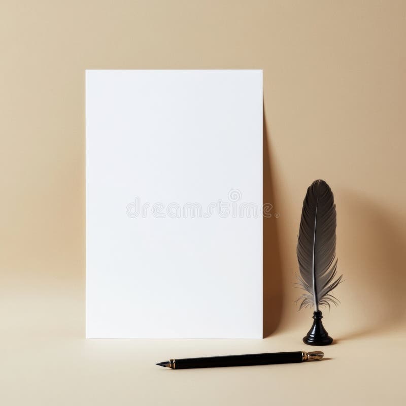Elegant Writing Setup with Blank Paper, Feather Quill, and Pen on Soft ...