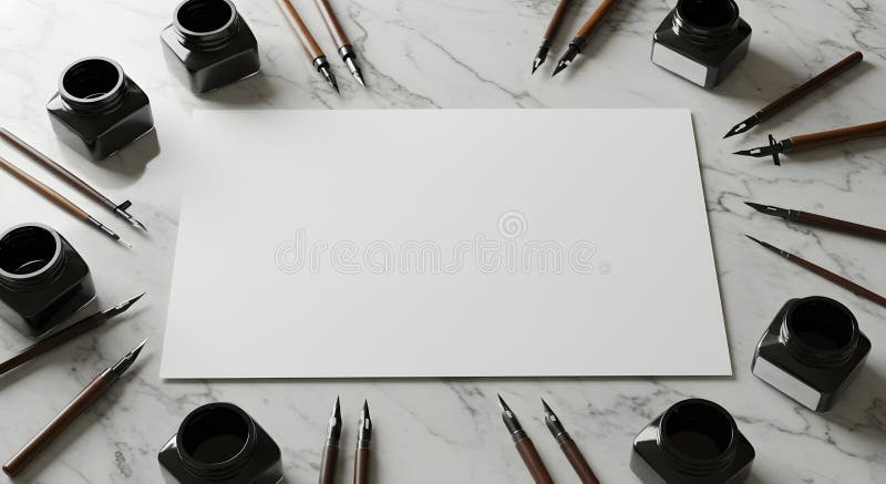 A Blank Sheet is Surrounded by Ink Bottles and Calligraphy Pens ...